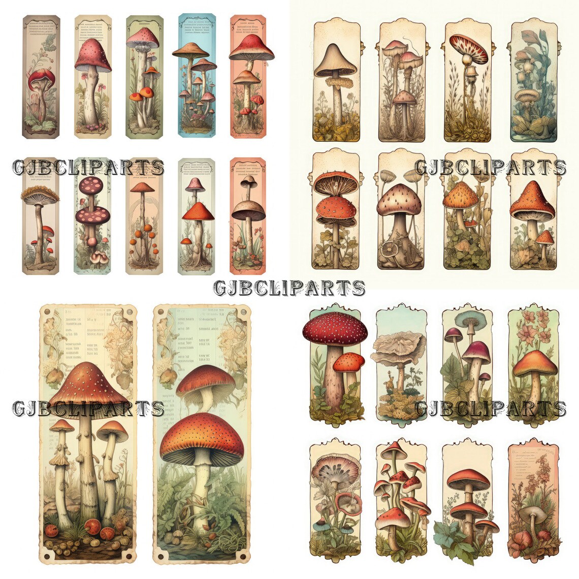 Mushrooms Tall Ornate Labels Clipart, Junk Journal Book Clipart ...