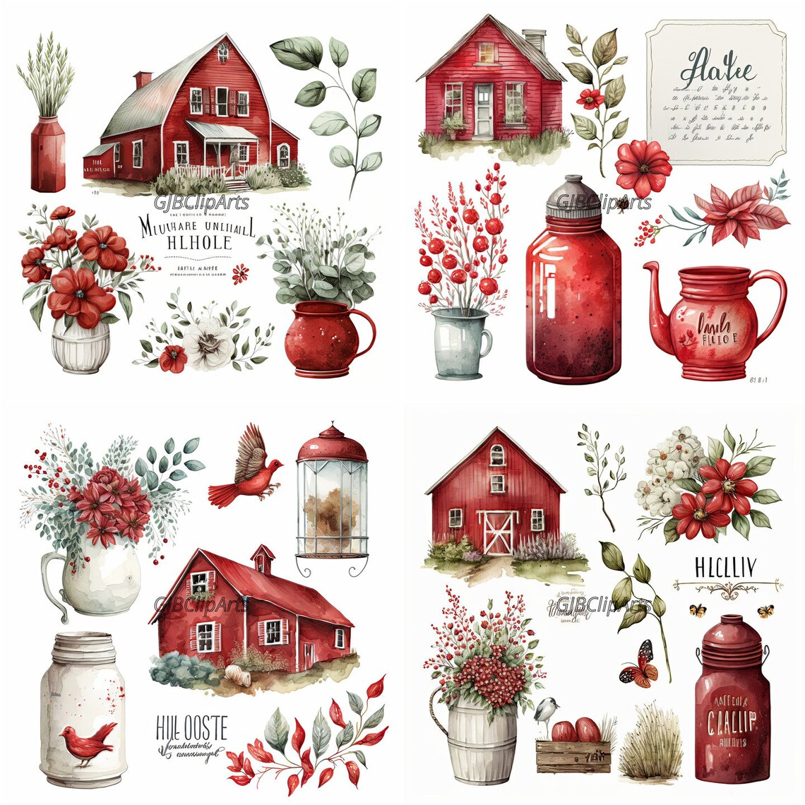 Rustic Red Farmhouse Decor Clipart: Watercolor Home Elements ...