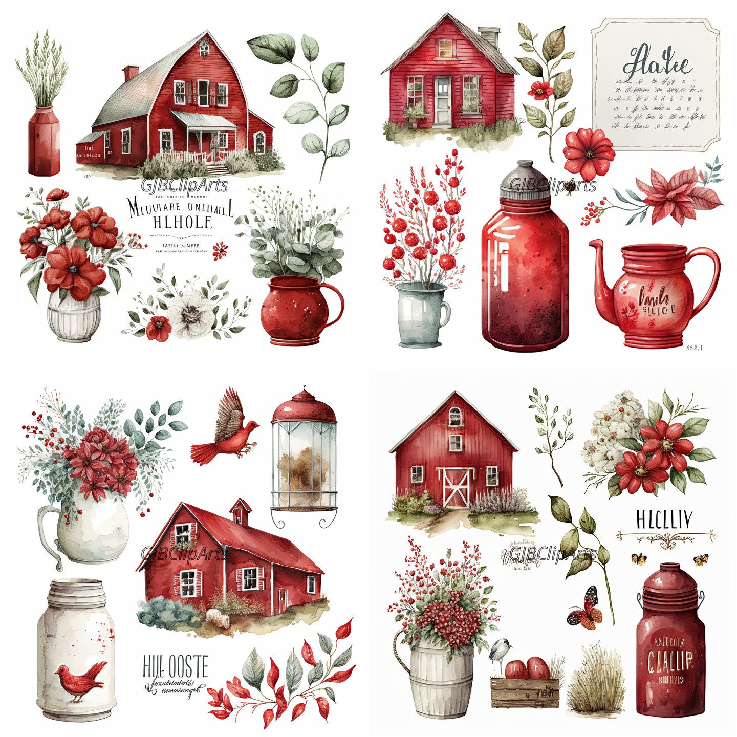 Rustic Red Farmhouse Decor Clipart: Watercolor Home Elements ...