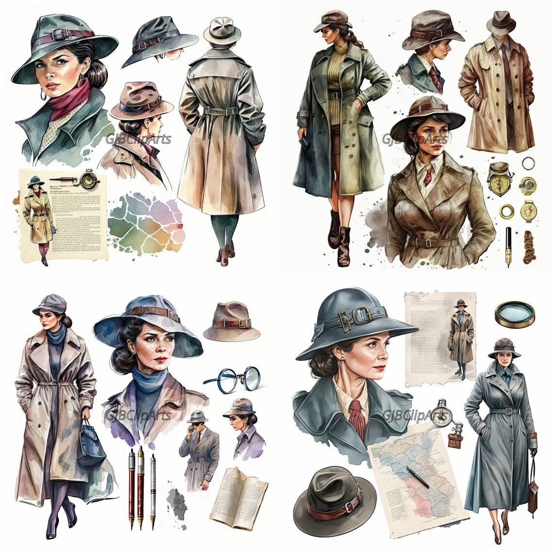 Woman Detective Collection: Watercolor Female Sleuth Illustrations ...