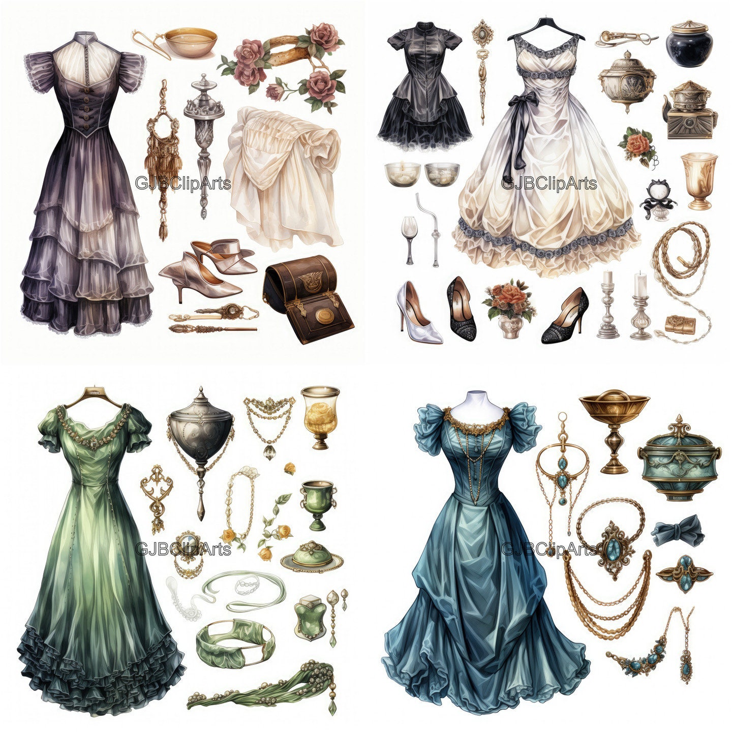 Classic Victorian Dress and Accessories Clipart, Victorian Fashion ...