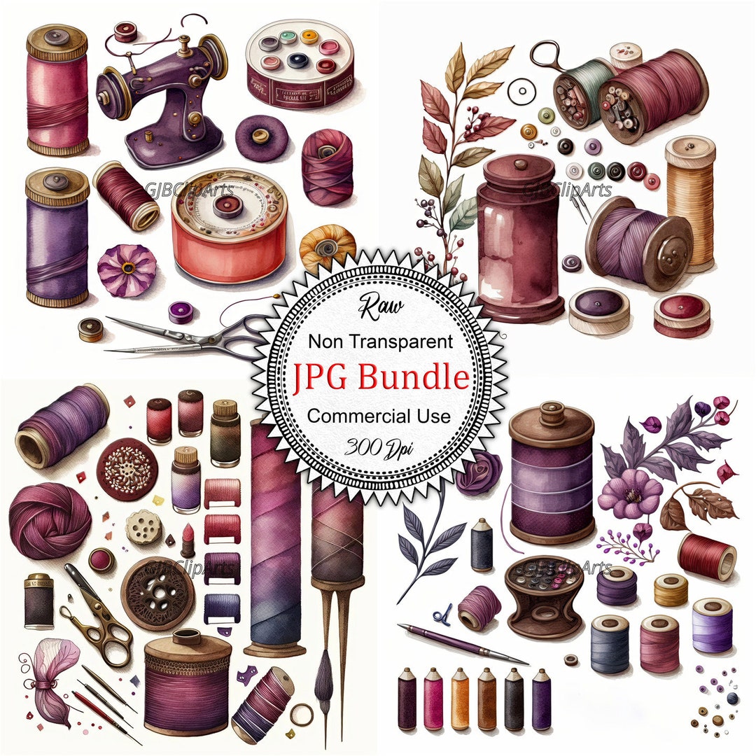 Delightful Sewing Supplies Watercolor Clipart: Colorful Crafting ...