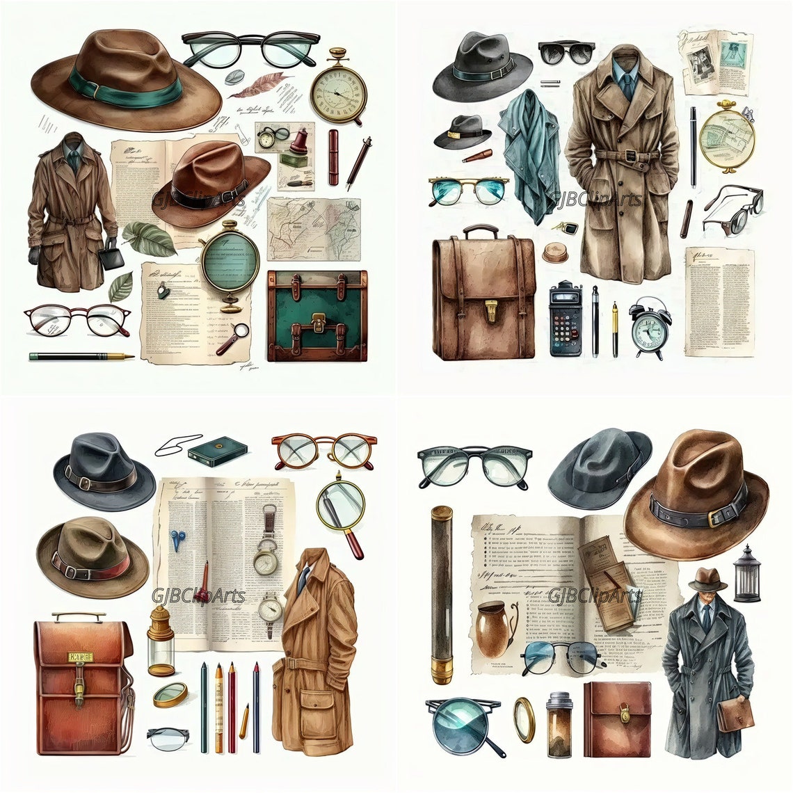 Intriguing Detective Room Collection Clipart: Watercolor Mystery-themed ...