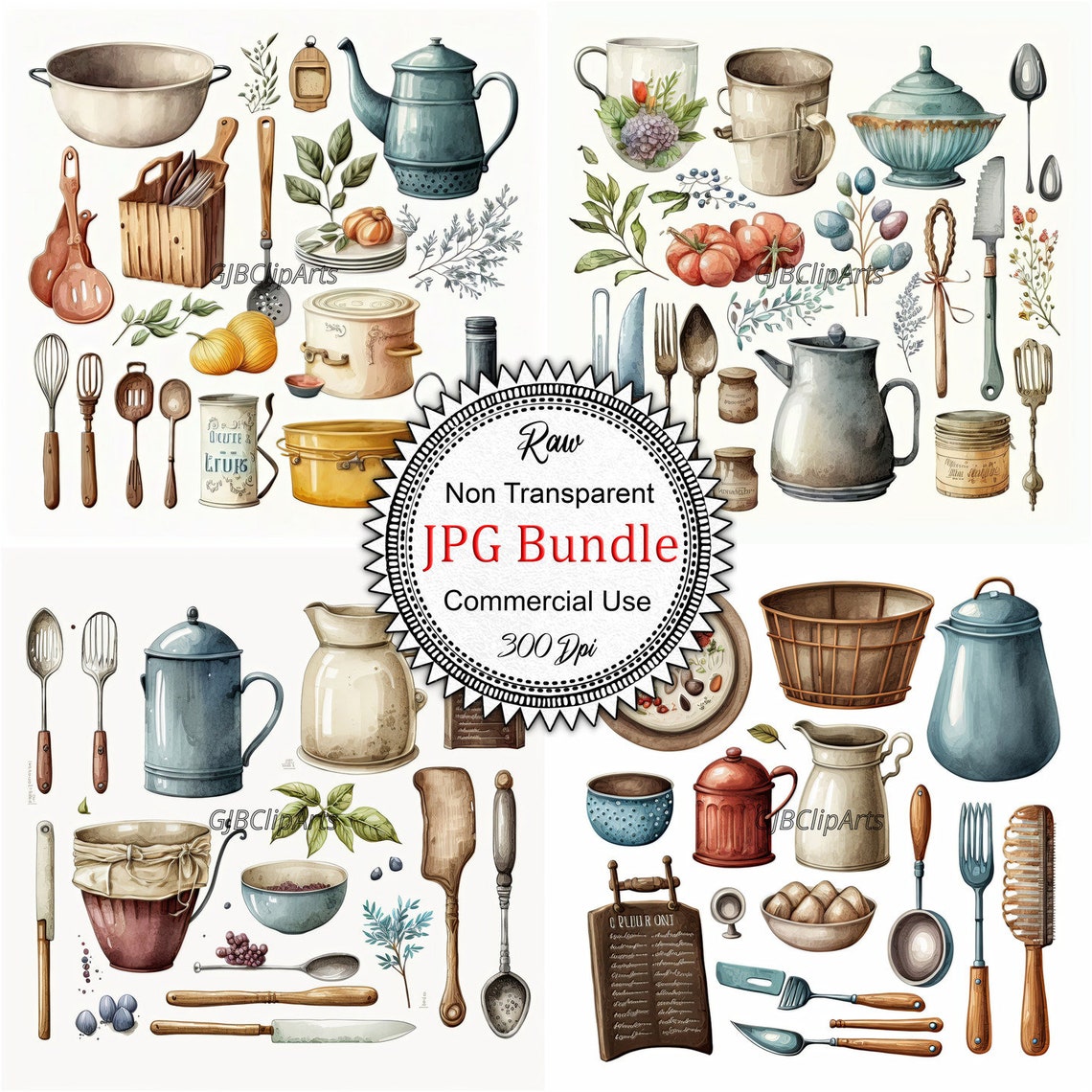 Rustic Utensils at the Ranch Clipart: Watercolor Kitchenware - Etsy