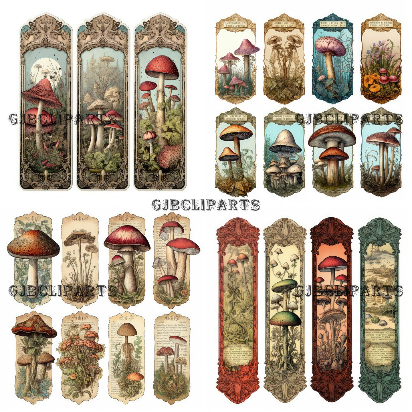 Mushrooms Tall Ornate Labels Clipart, Junk Journal Book Clipart ...
