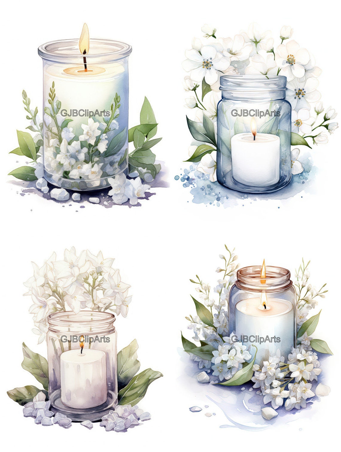 White Jar Candle Clipart Bundle, White Flowers Surroundings Clipart ...