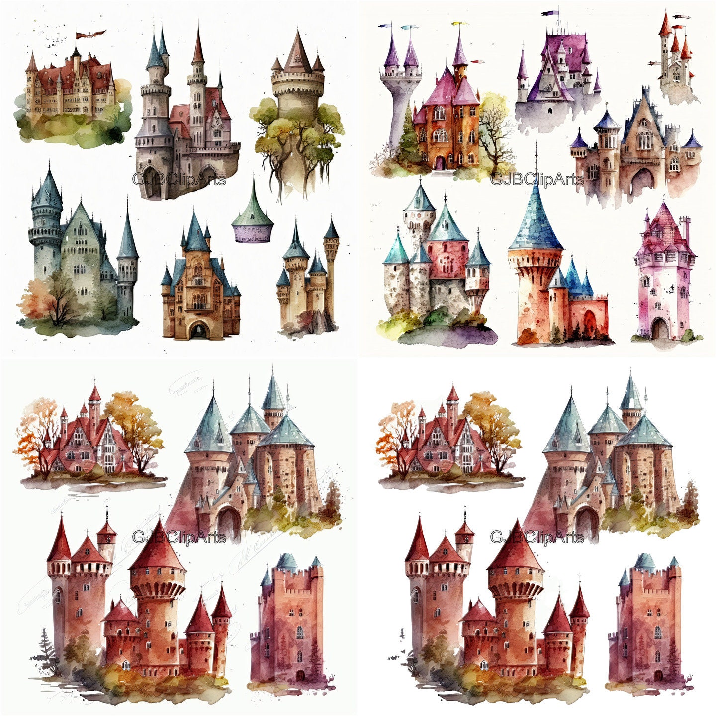 Watercolor Fairytale Vibrant Unique Castles Collection: Magical and ...