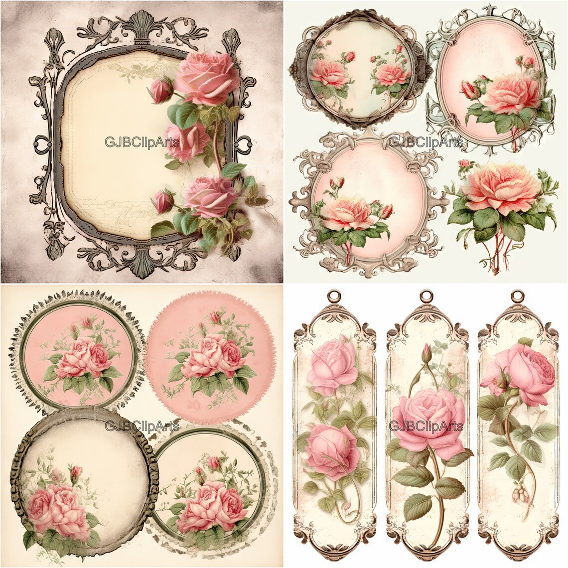 Vintage Labels With Pink Roses and Delicate Vines Digital Clipart ...