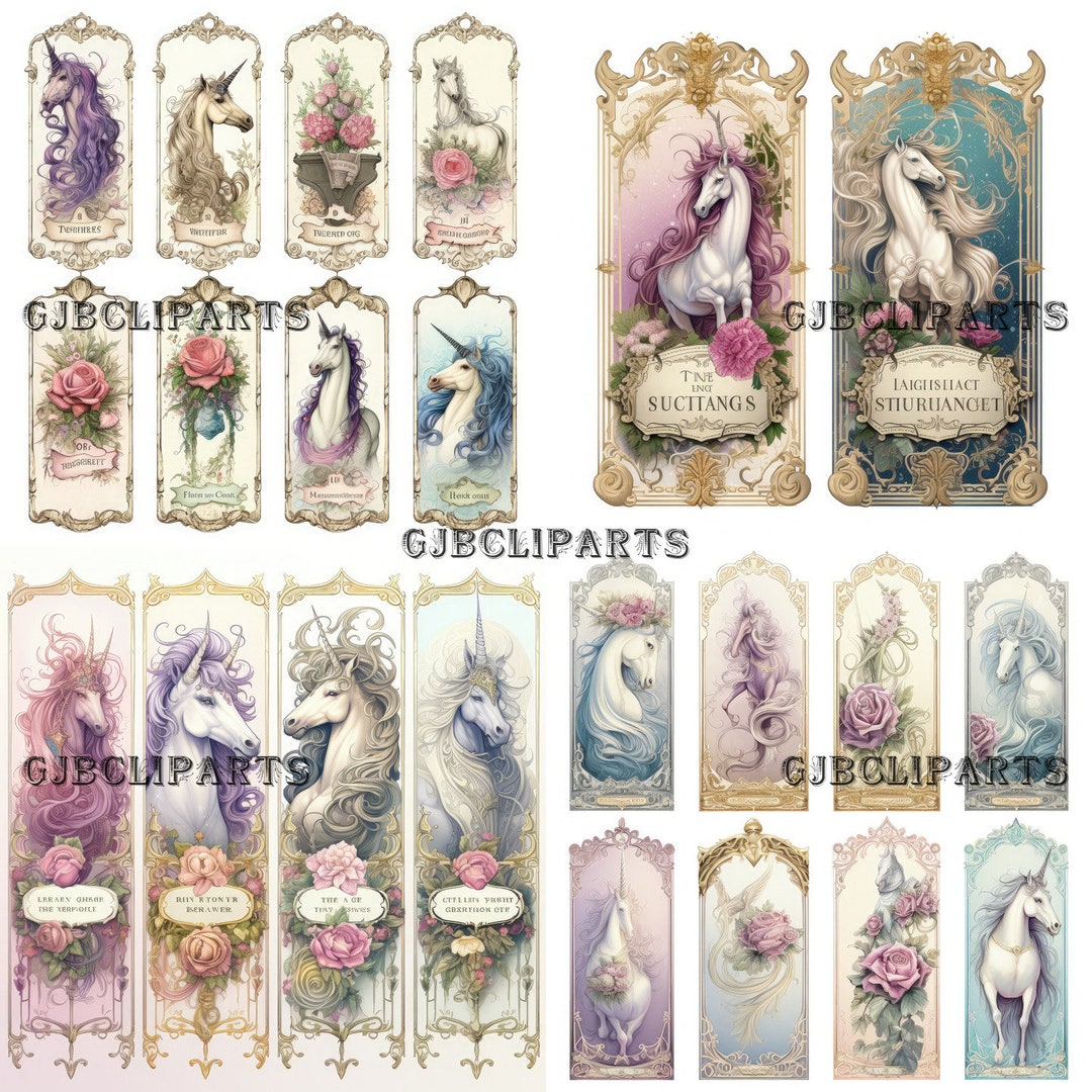 Unicorns Tall Ornate Labels Clipart, Junk Journal Book Vintage Clipart ...