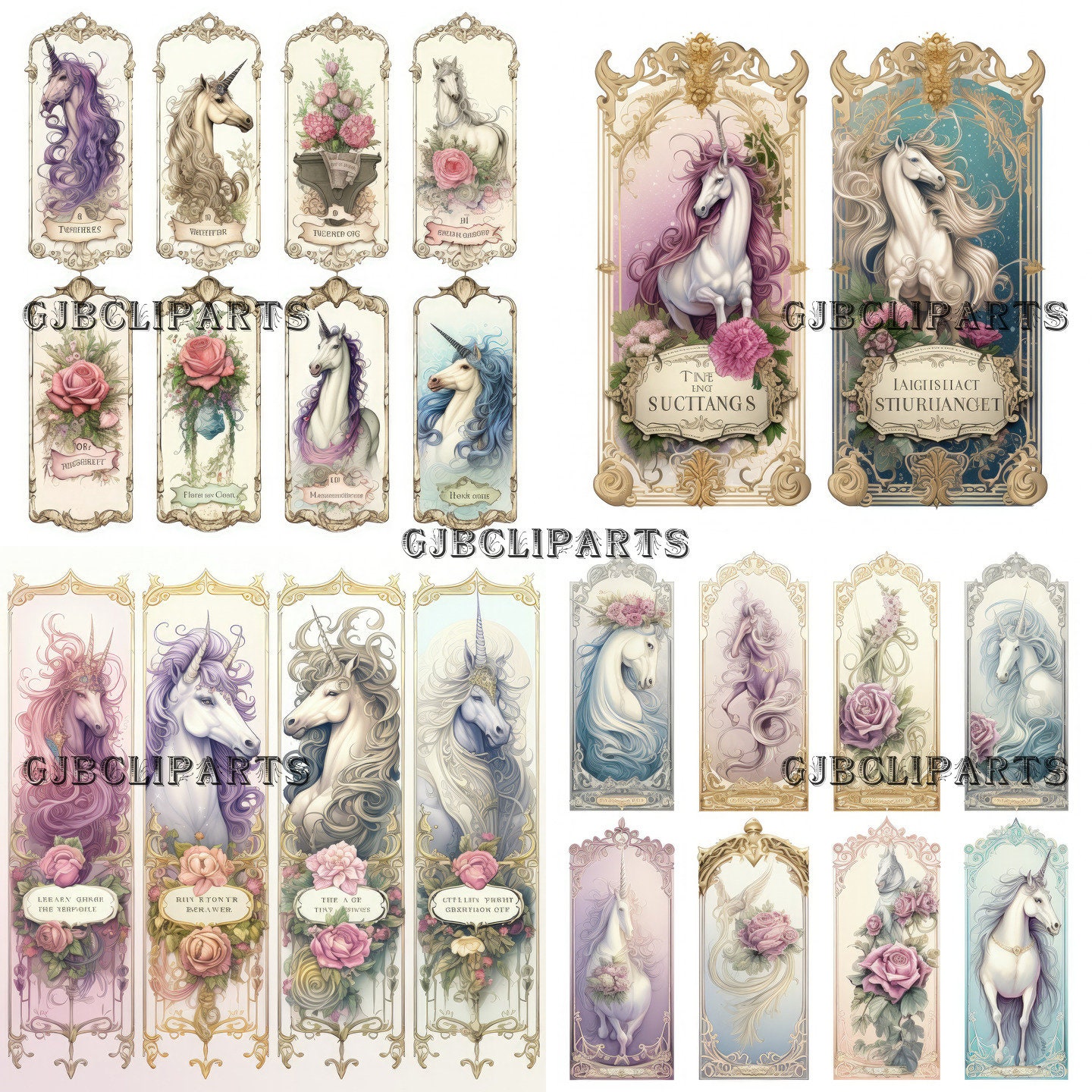 Unicorns Tall Ornate Labels Clipart Junk Journal Book Vintage - Etsy