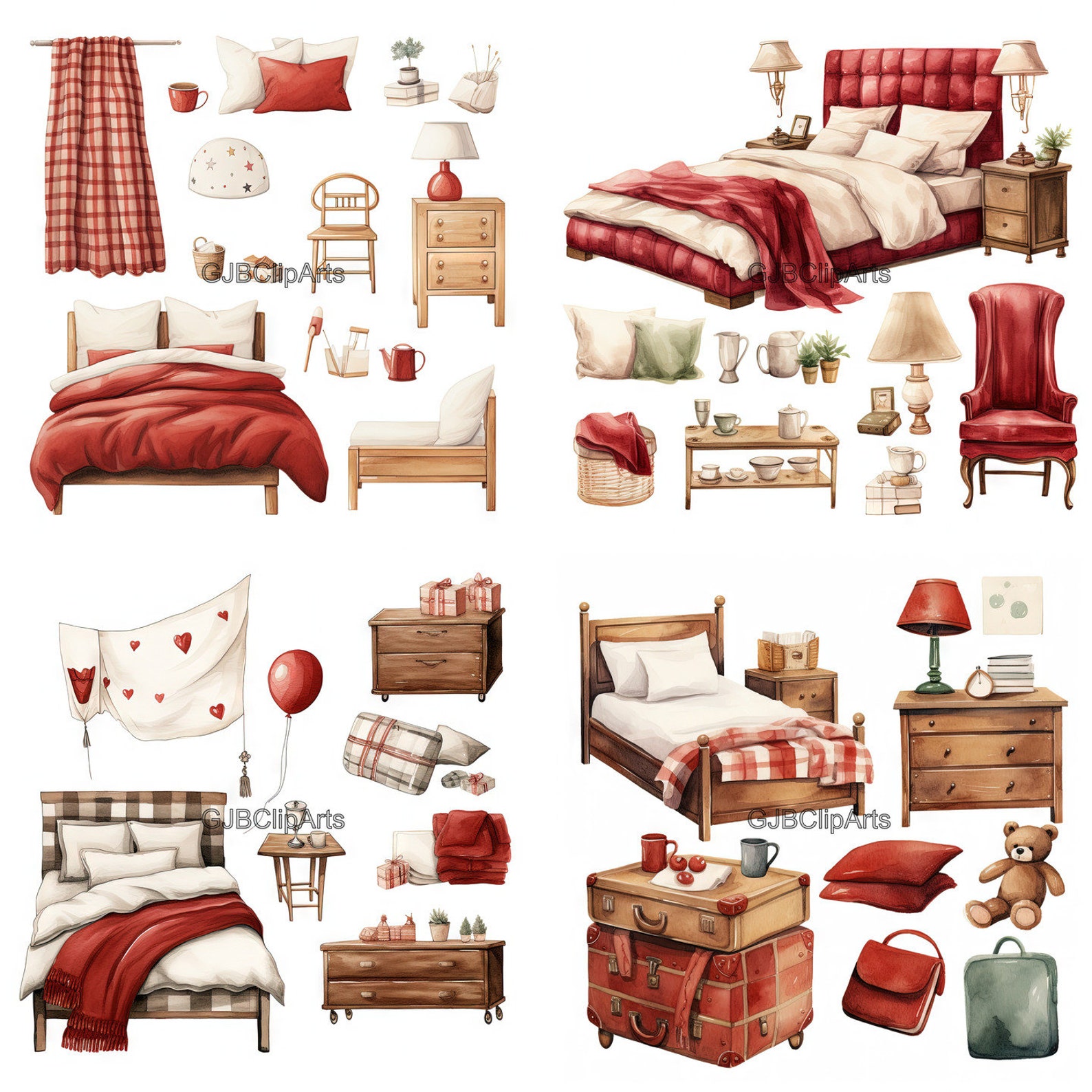Bedroom in Red Clipart, Bedroom Decor Clipart,watercolor Bedroom ...