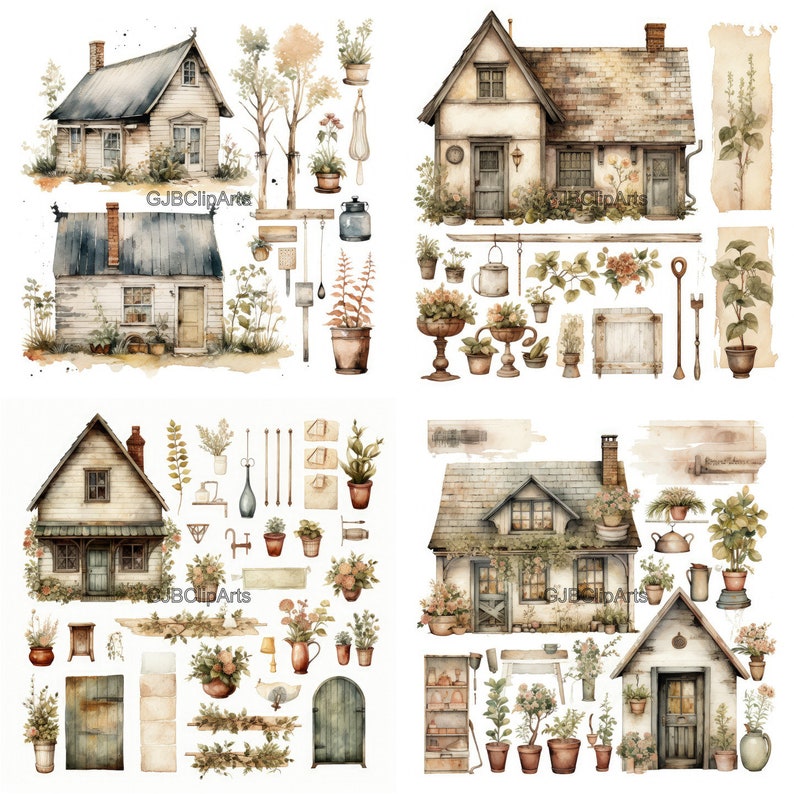 Vintage Rustic Cottage Junk Journal Kit Clipart, Cottage Clipart Flower ...
