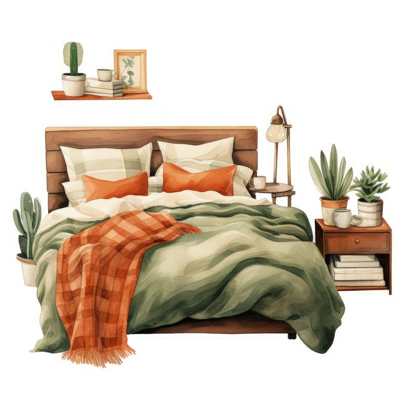 Bedroom in Orange and Green Clipart, Bedroom Decor Clipart, Journaling ...