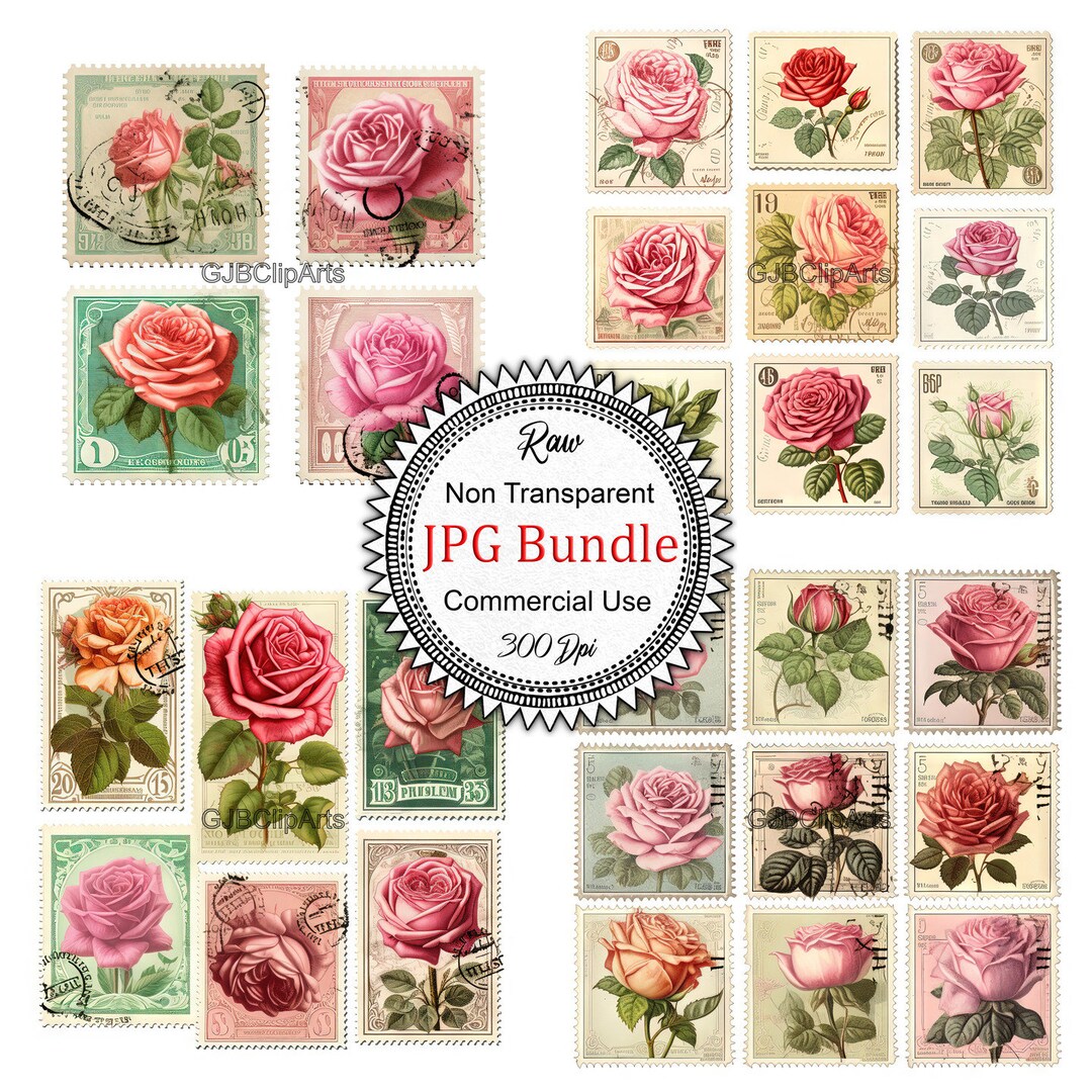 Vintage Postage Stamps With Pink Roses and Delicate Vines,digital ...