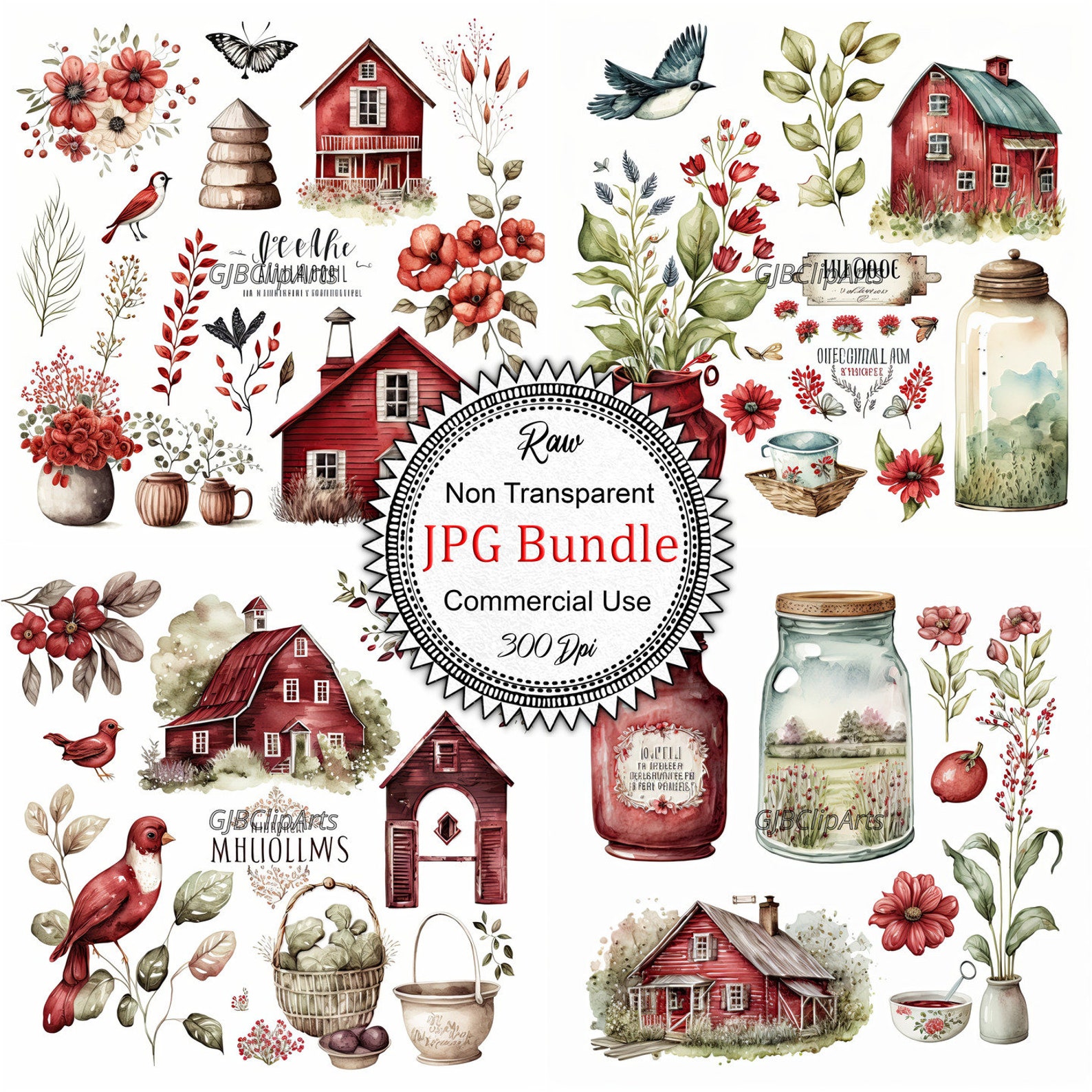 Rustic Red Farmhouse Decor Clipart: Watercolor Home Elements ...
