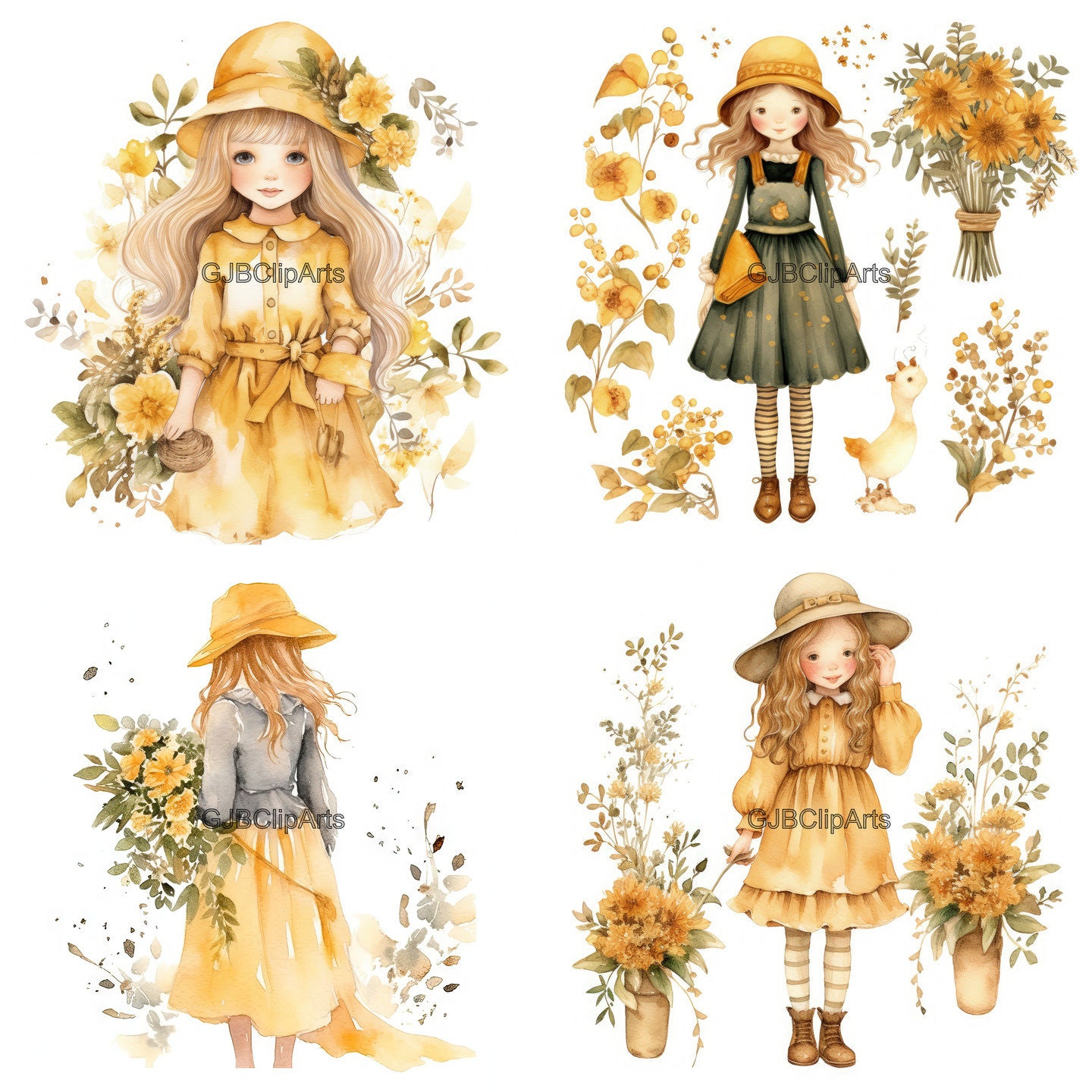 Watercolor Holly Hobbie Girl in Gold Dress Clipart, Junk Journaling ...