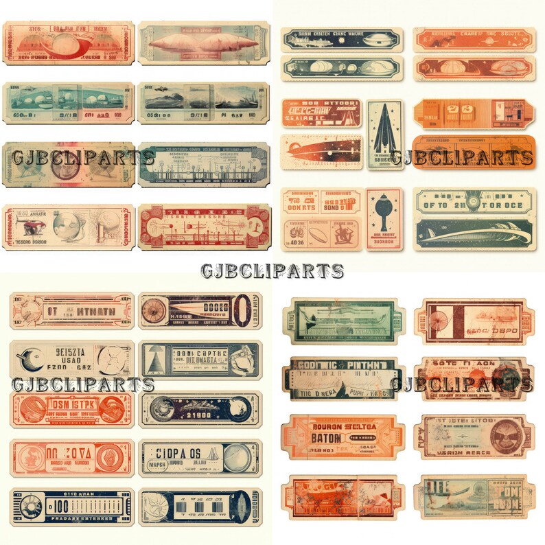 Spaceship Vintage Ticket Clipart, Evenly Spaced Clipart, Junk Journals ...