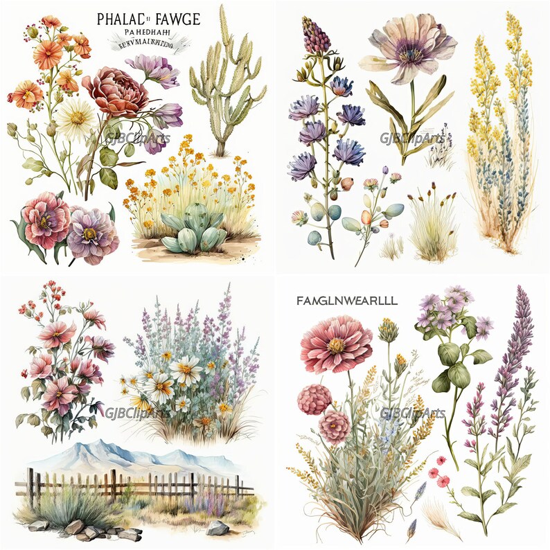 Delicate Ranch Flowers Clipart: Watercolor Floral Illustrations, 300 ...