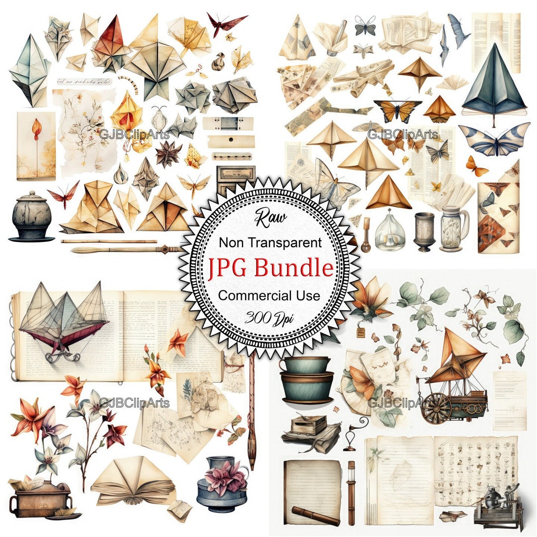 Vintage Origami Junk Journal Kit Clipart, Paper Crane Clipart Origami ...