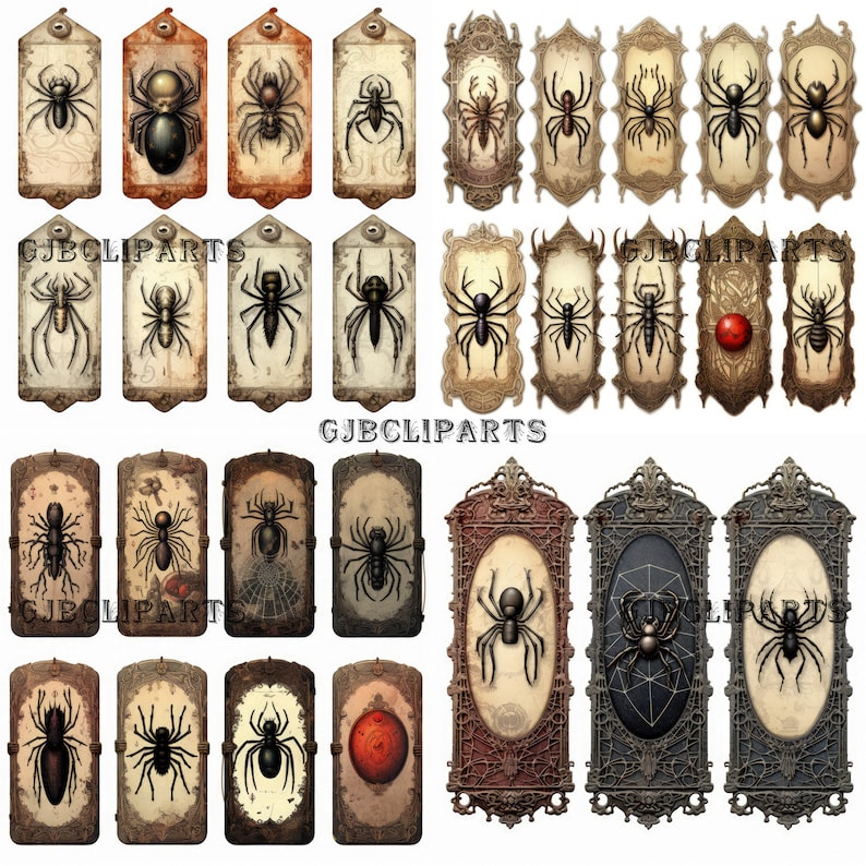 Spiders Tall Ornate Labels Clipart, Junk Journal Book Vintage Clipart ...