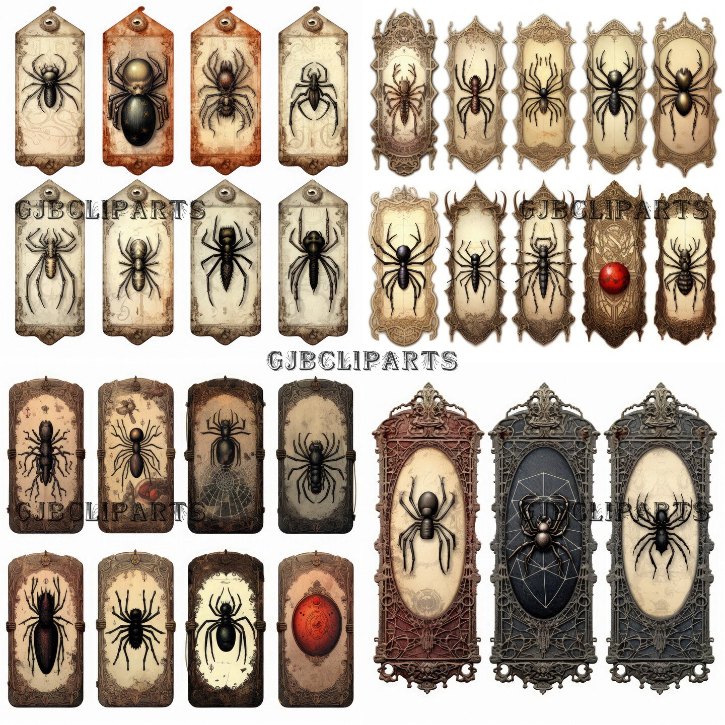 Spiders Tall Ornate Labels Clipart, Junk Journal Book Vintage Clipart ...
