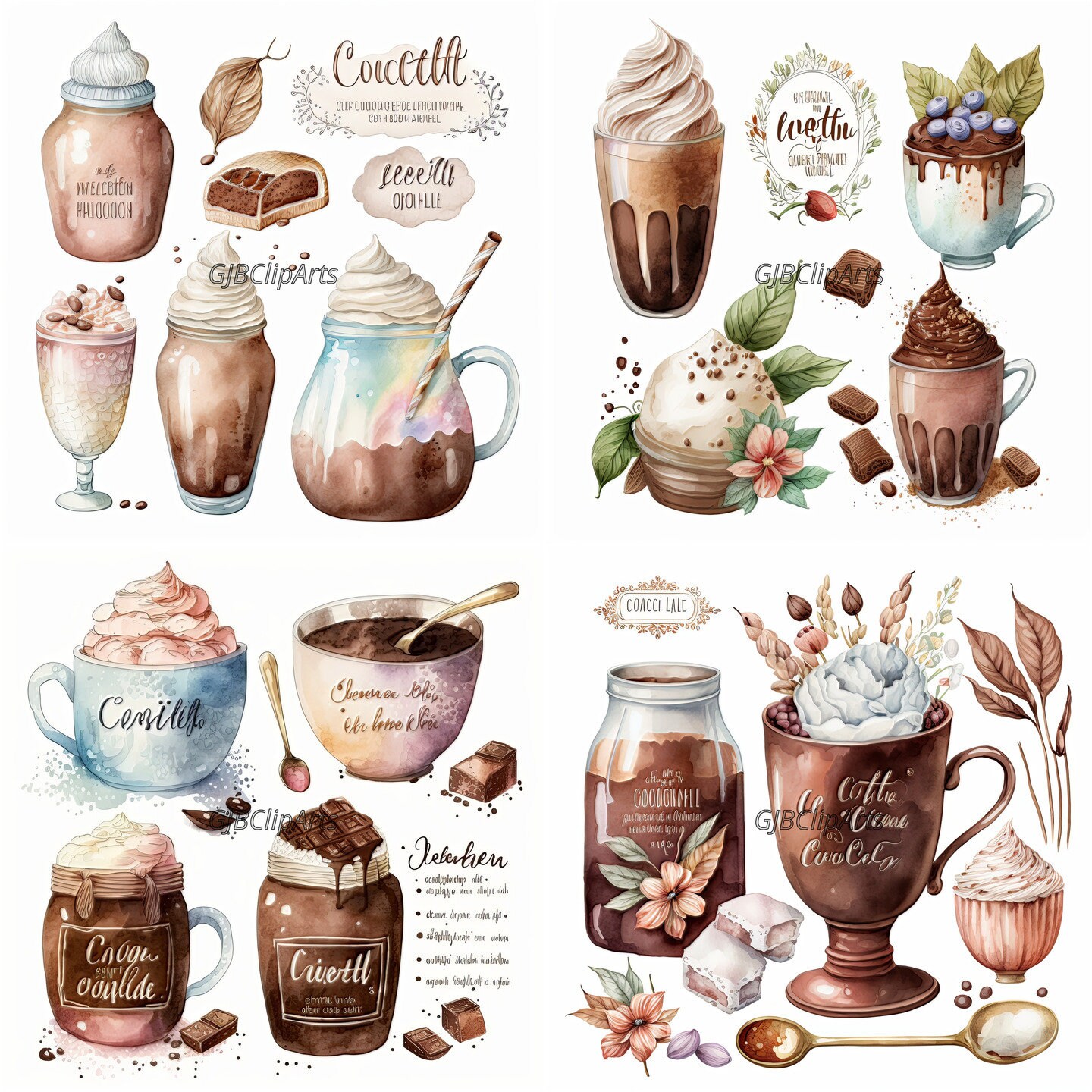 Warm and Cozy Hot Cocoa Collection Clipart: Watercolor Winter Beverages ...