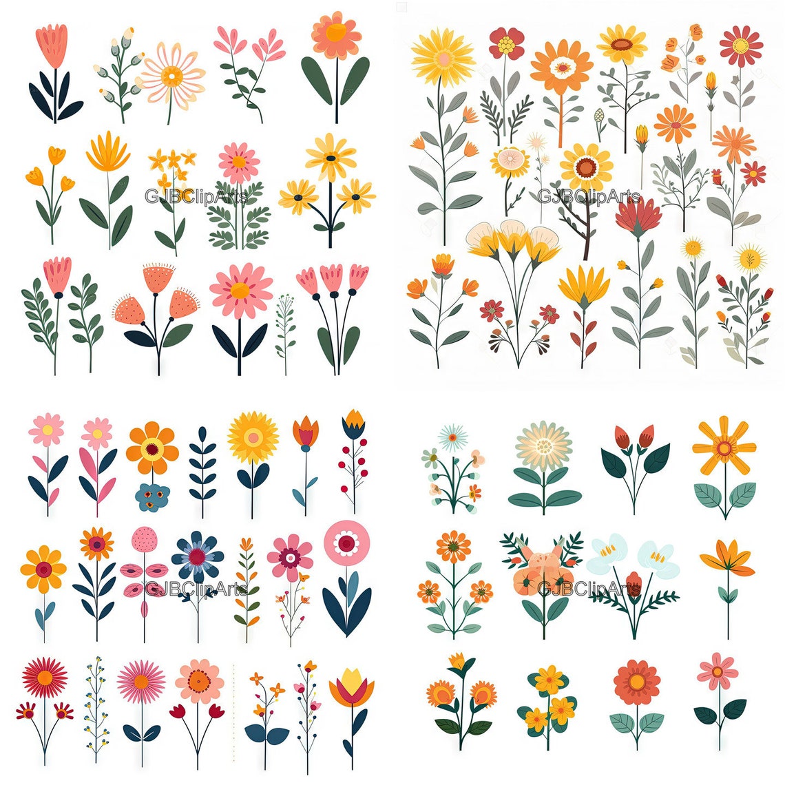 Flowers Flat Vector Clipart Digital Stickers, Digital Clipart ...