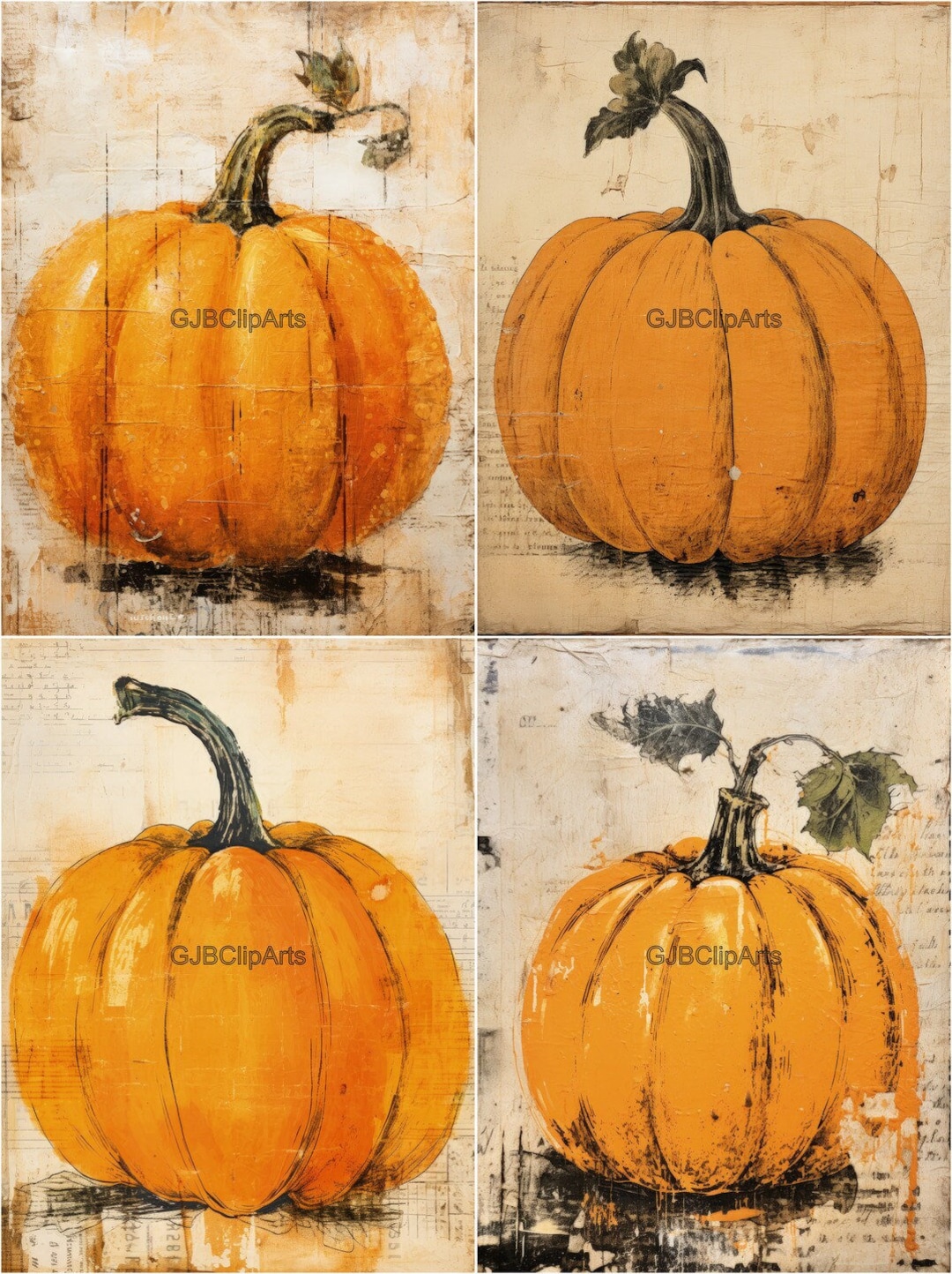 Orange Pumpkin Lithograph Clipart Fall Clipart Harvest Clipart ...