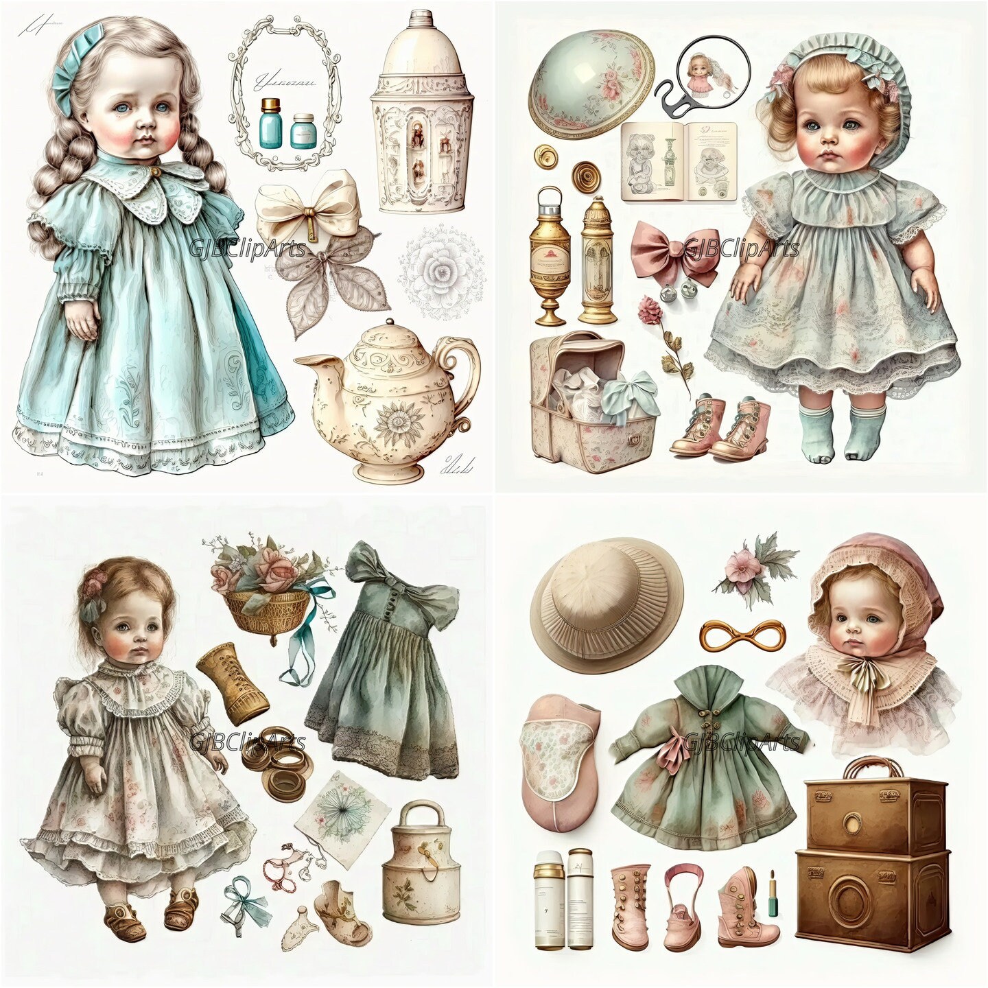 Adorable Doll Accessories Collection Clipart: Watercolor Toy Elements ...