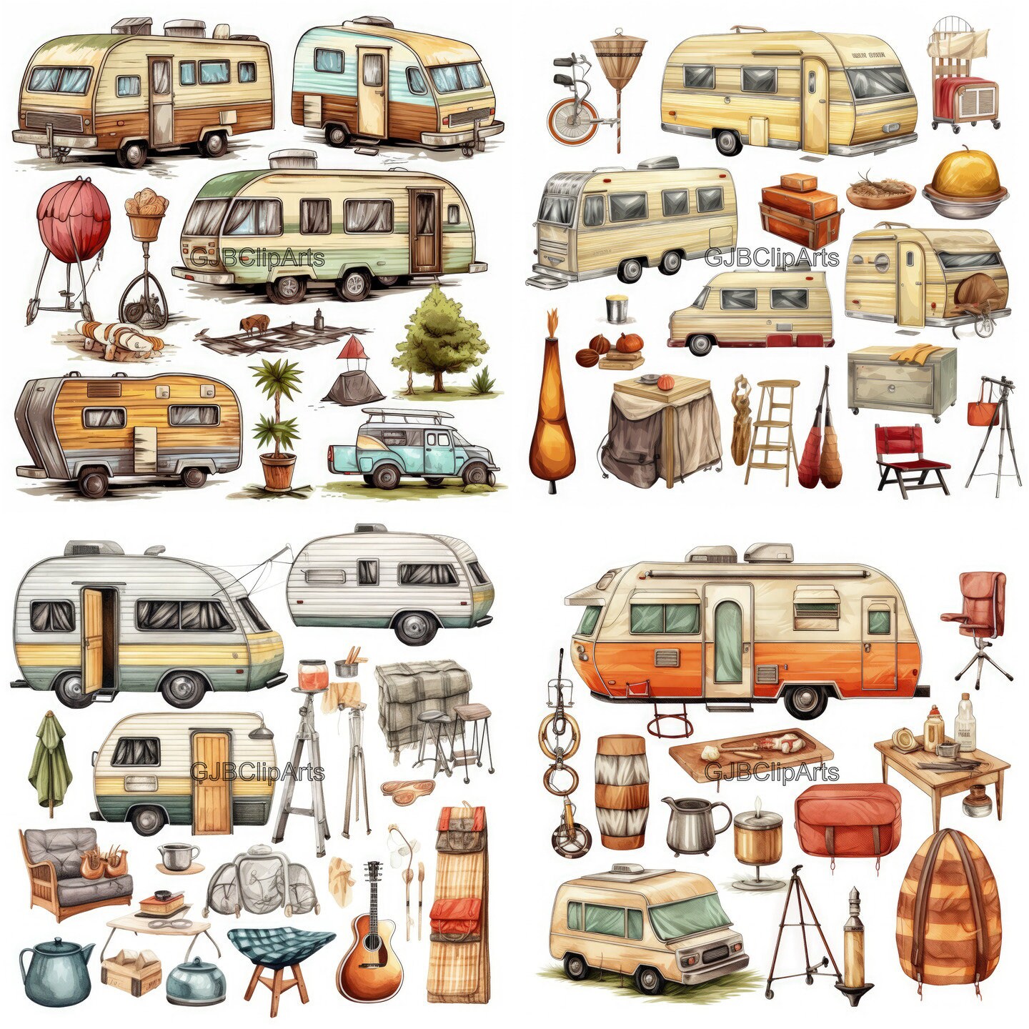 Vintage Retro Camping Camper Van Clipart, Camper Van Clipart, Camping ...