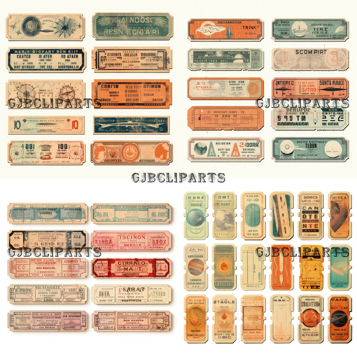 Spaceship Vintage Ticket Clipart, Evenly Spaced Clipart, Junk Journals ...
