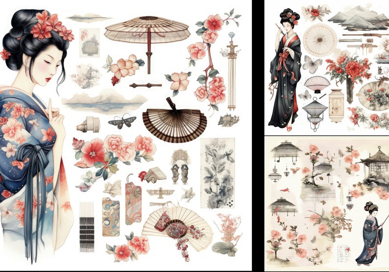 Vintage Geisha Junk Journal Kit Clipart, Kimono Clipart Fan Clipart, Journaling, Junk Journaling ...