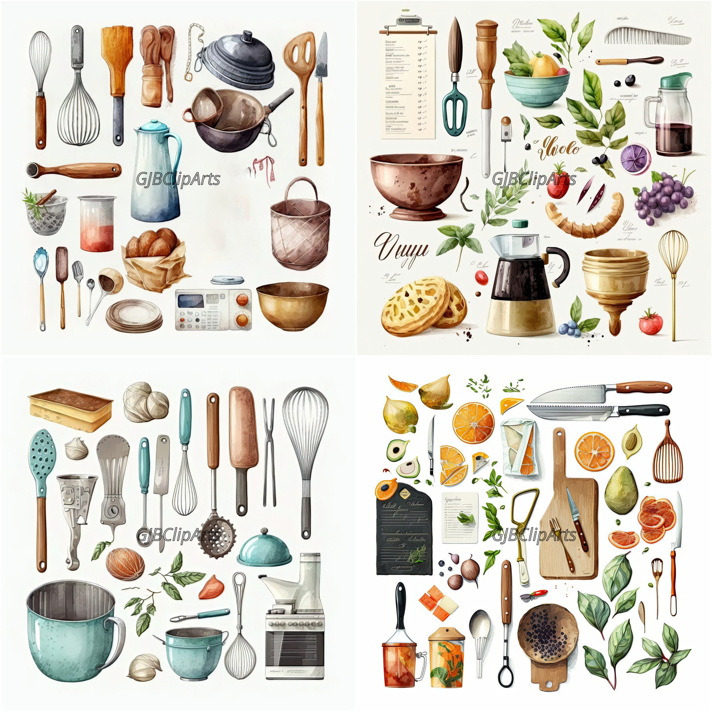 Charming Kitchen Tools Collection Clipart: Watercolor Utensils and ...