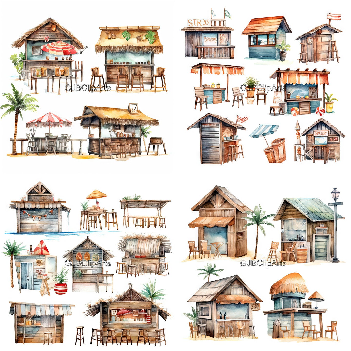 Watercolor Beach Bars Clipart, Beach Hut Clipart, Scrapbooks Die Cuts ...