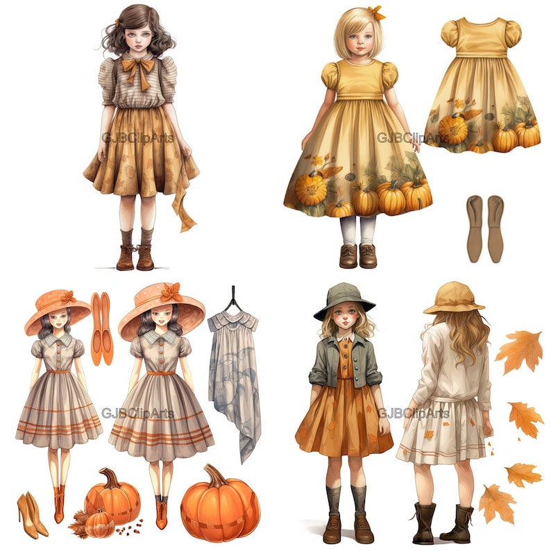 Vintage Fall Dress Girl Clipart, Autumn Clipart, Cute Girl Clipart ...