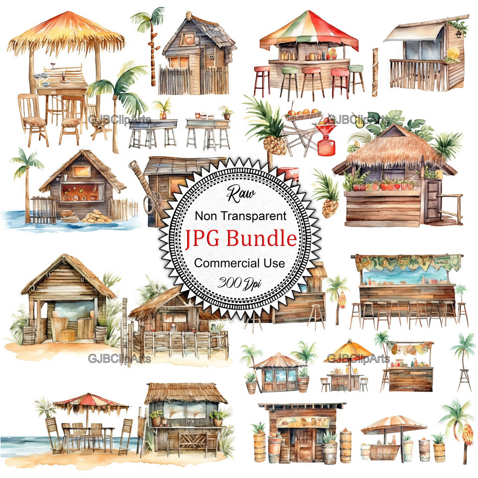 Watercolor Beach Bars Clipart, Beach Hut Clipart, Scrapbooks Die Cuts ...