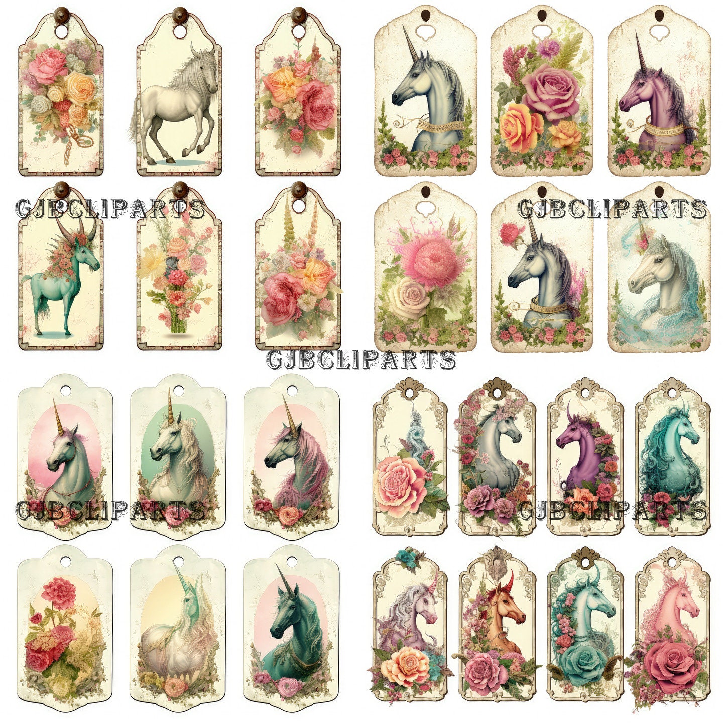 Unicorns Ornamental Tag Clipart Beautiful Vintage Tags With - Etsy