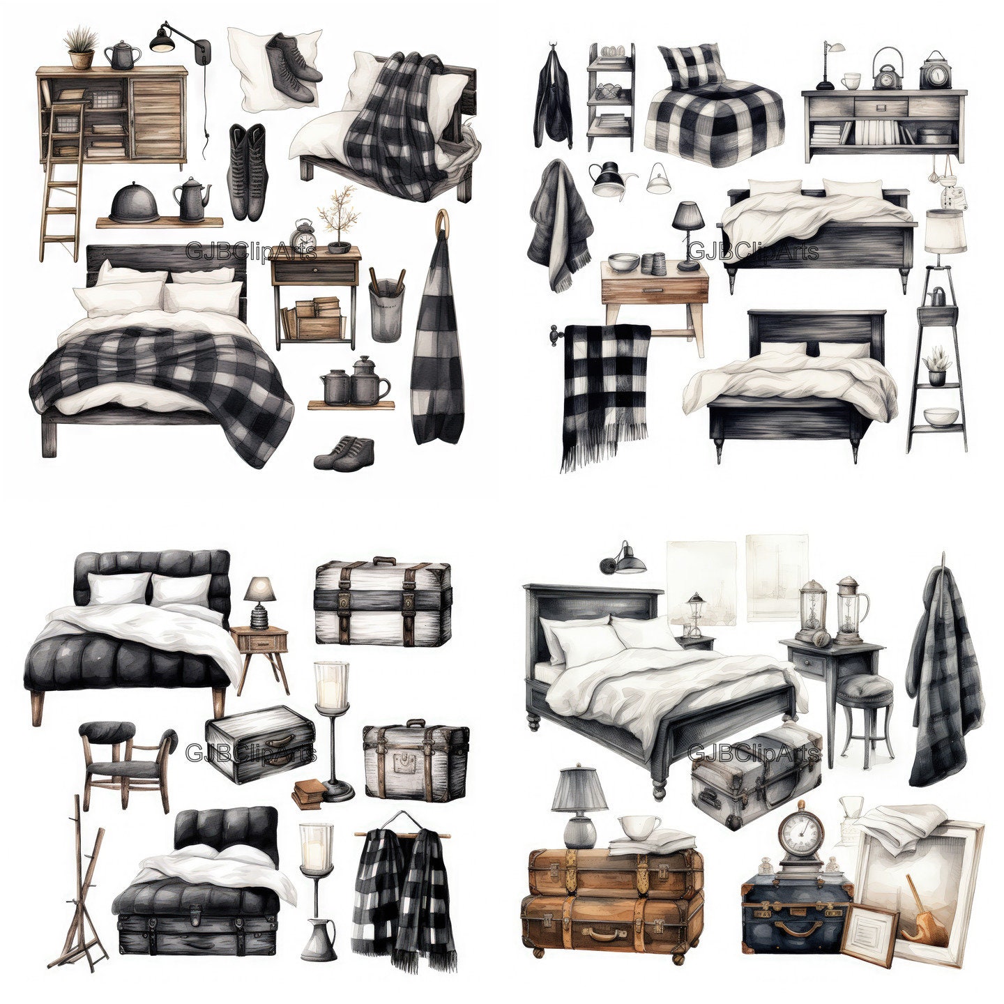 Cozy Boys Bedroom in Vintage Black and White Clipart, Bedroom Decor ...