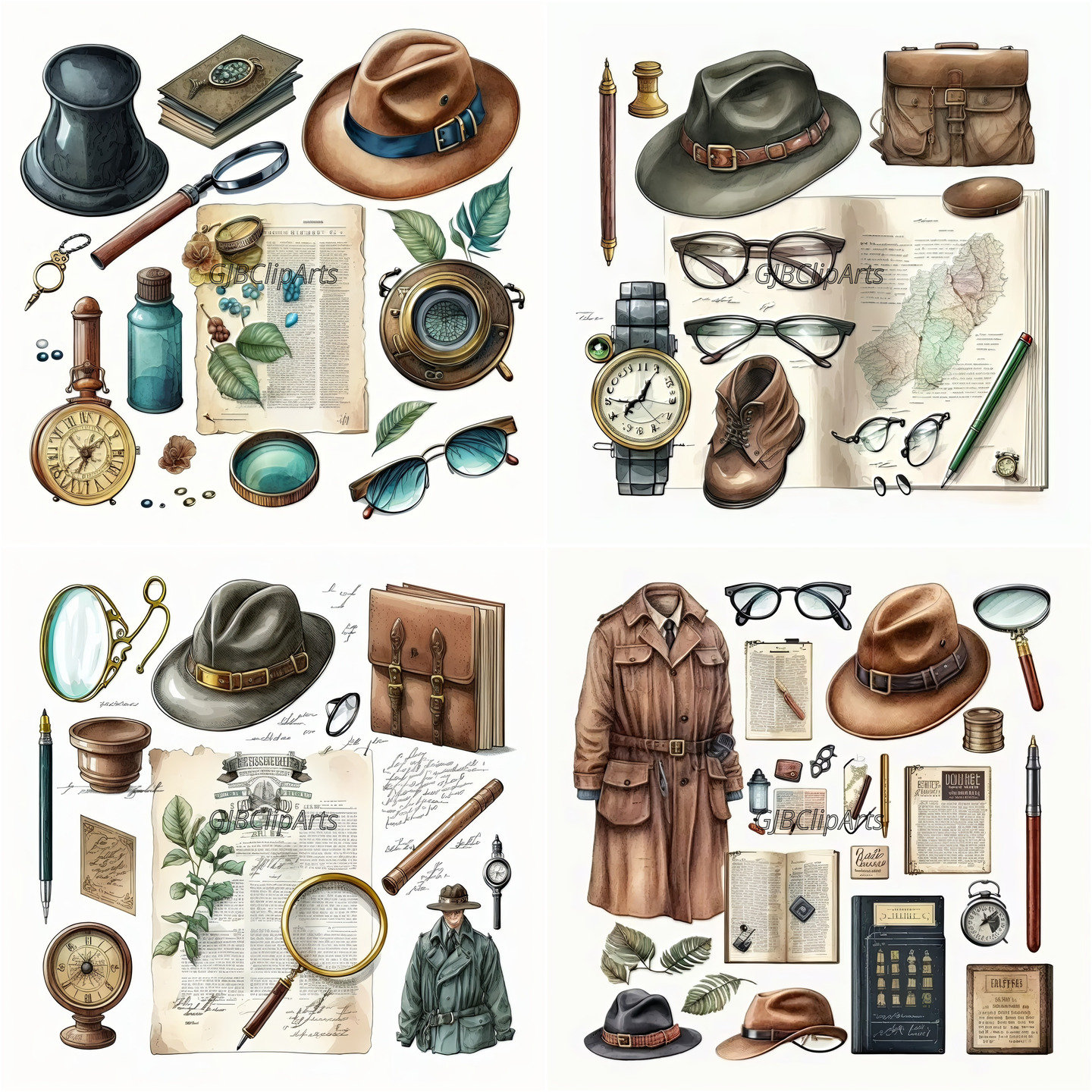 Intriguing Detective Room Collection Clipart: Watercolor Mystery-themed ...
