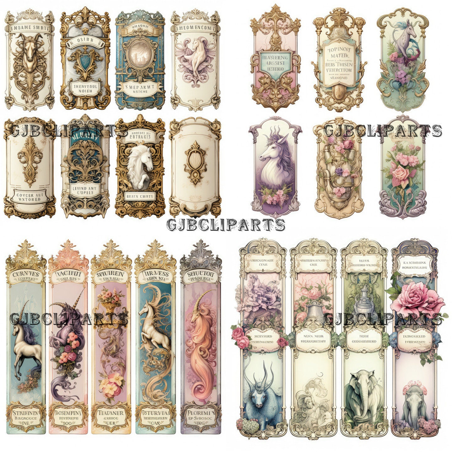 Unicorns Tall Ornate Labels Clipart, Junk Journal Book Vintage Clipart ...