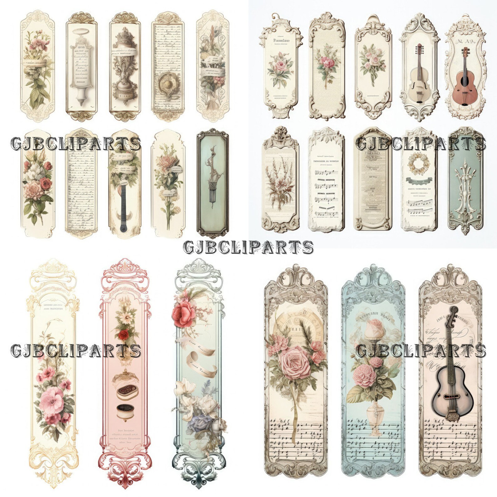 Shabby Chic Music Tall Ornate Labels Clipart, Junk Journal Book Clipart ...