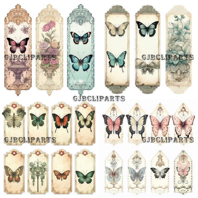 Shabby Butterfly Tall Ornate Labels Clipart, Junk Journal Book Clipart ...