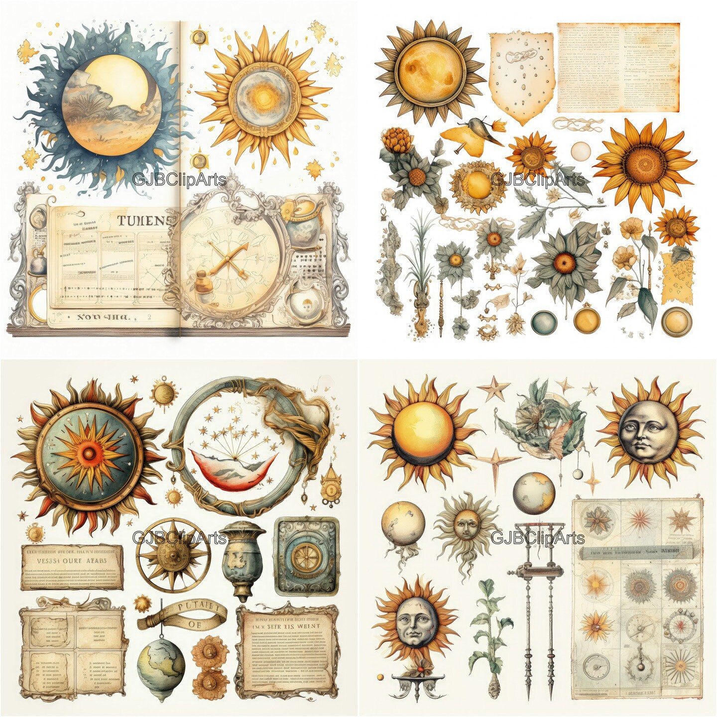 Vintage Sun and Moon Junk Journal Kit Clipart, Sun Clipart Moon Clipart ...