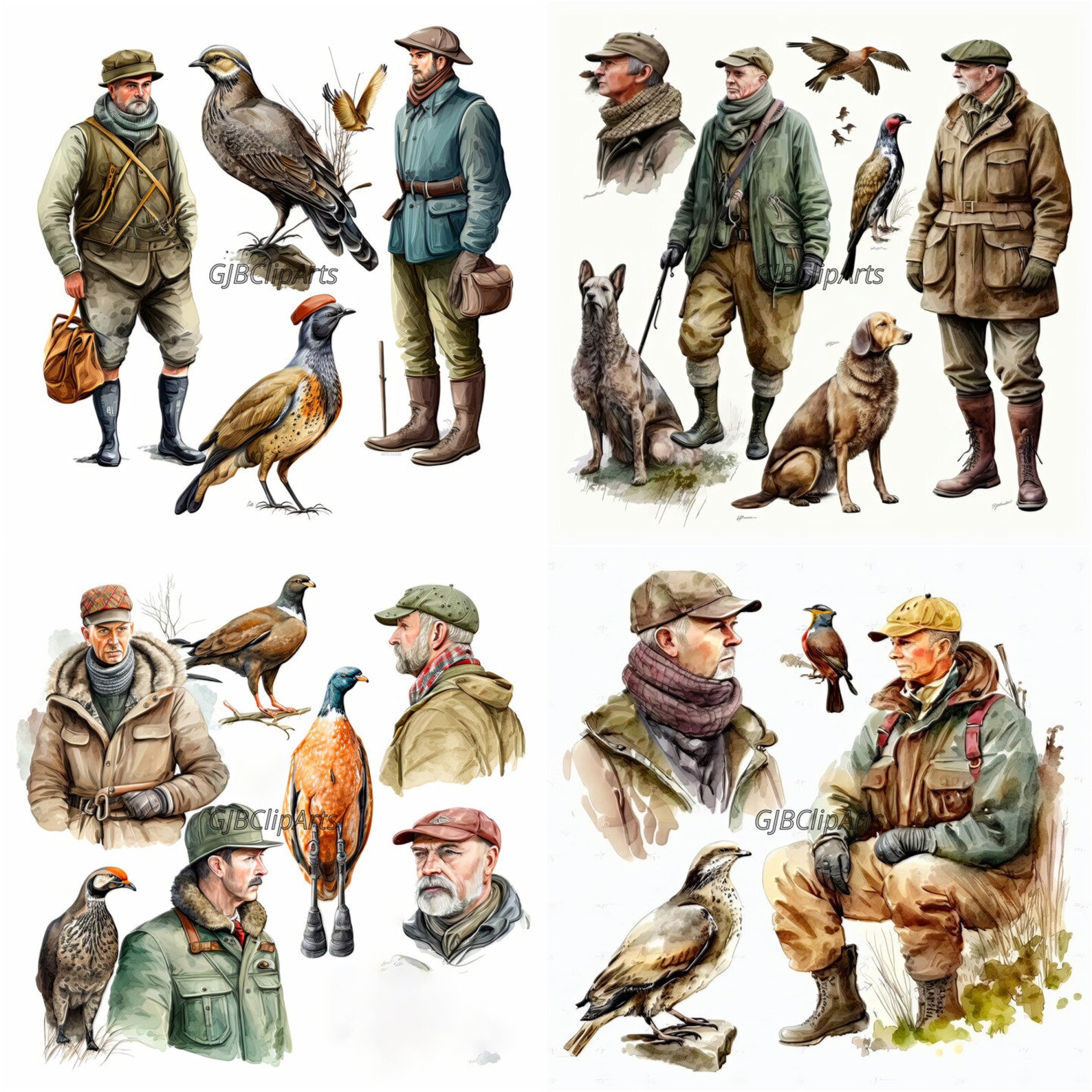 Adventurous Male Hunters Collection Clipart: Watercolor Hunting Scenes ...
