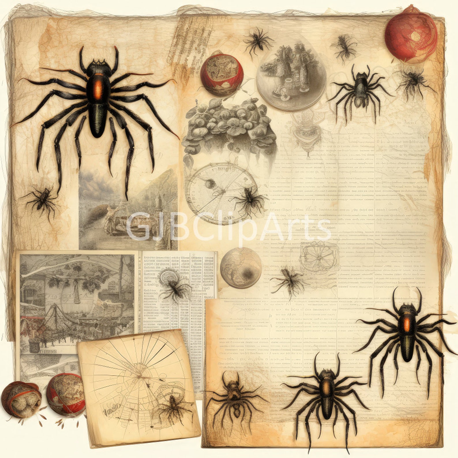 Vintage Spiders Junk Journal Kit Clipart, Spider Clipart Spider Web ...