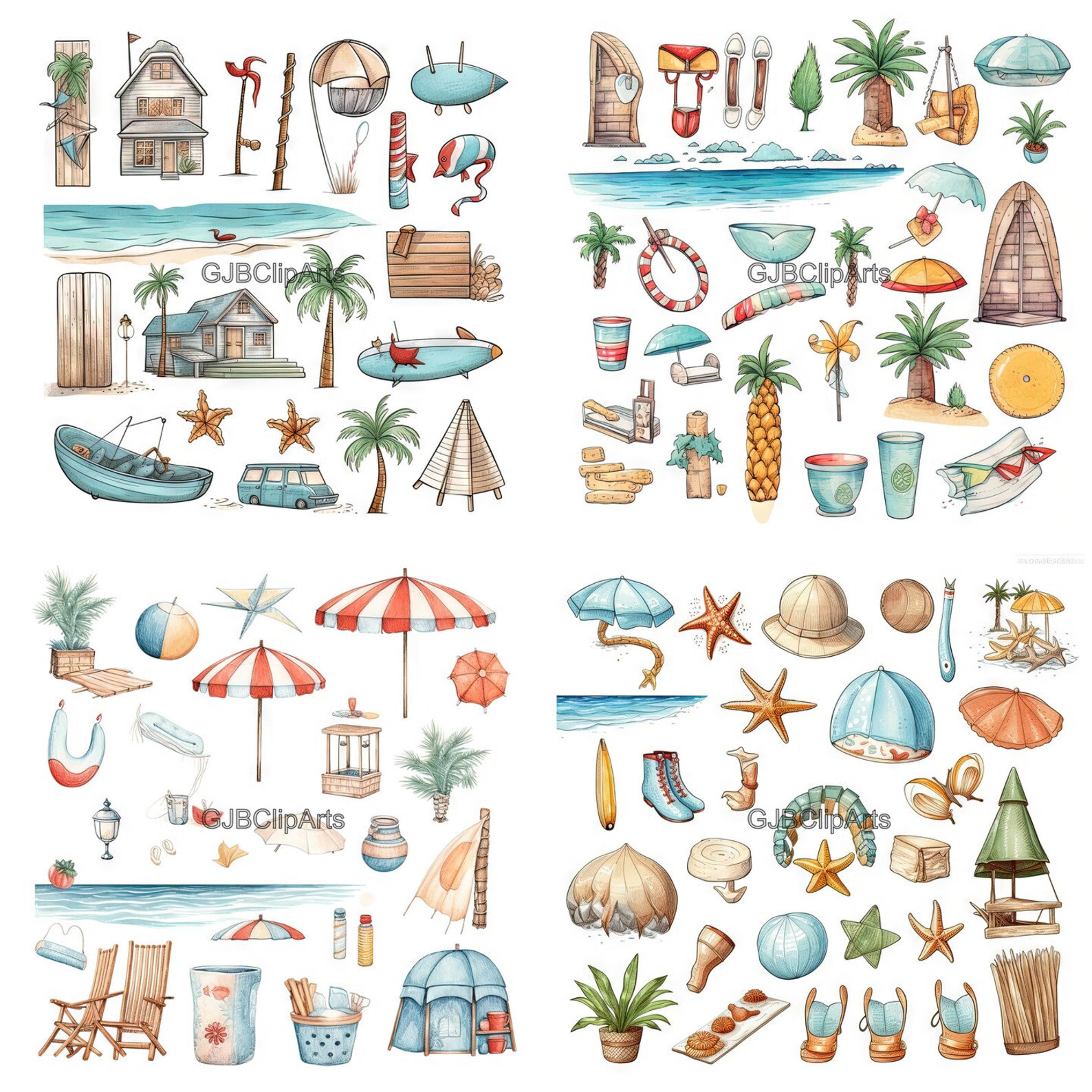 Beach View Clipart Digital Stickers, Digital Clipart, Printable ...