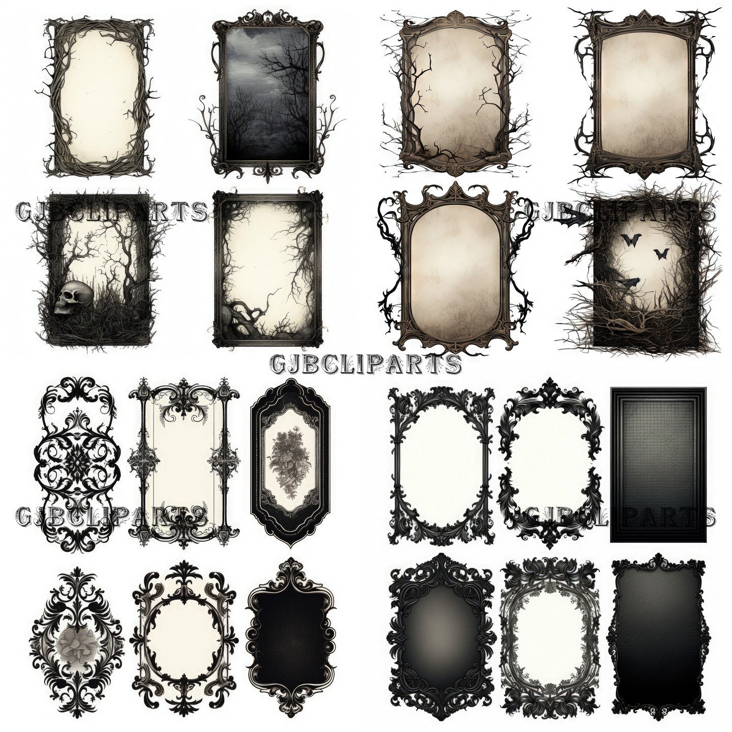 Dark Spooky Ornamental Card Clipart, Vintage Card Clipart, Journaling ...