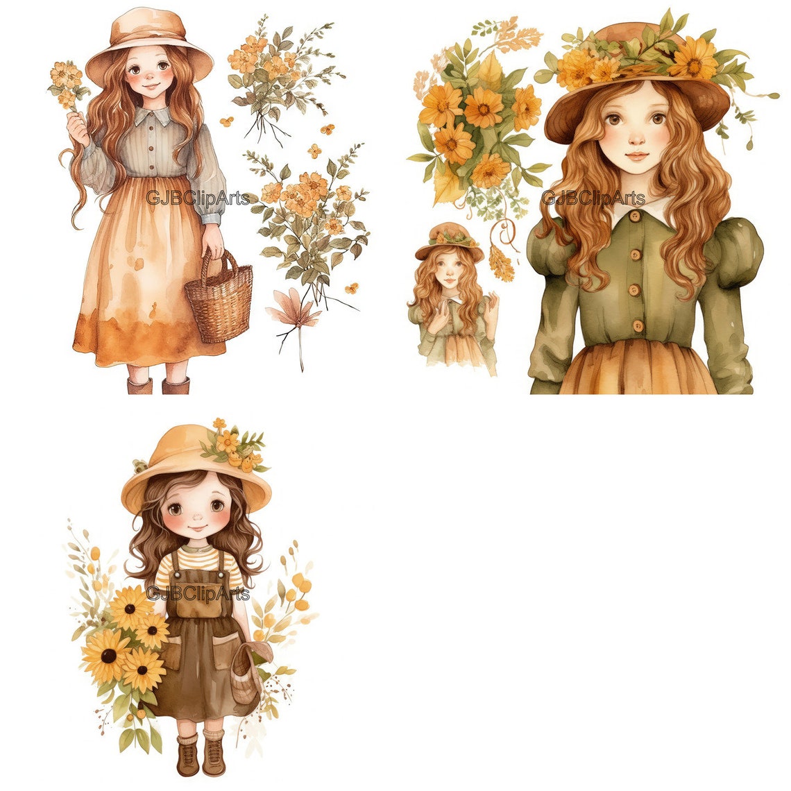 Watercolor Holly Hobbie Girl in Brown Dress Clipart, , Scrapbook Album ...