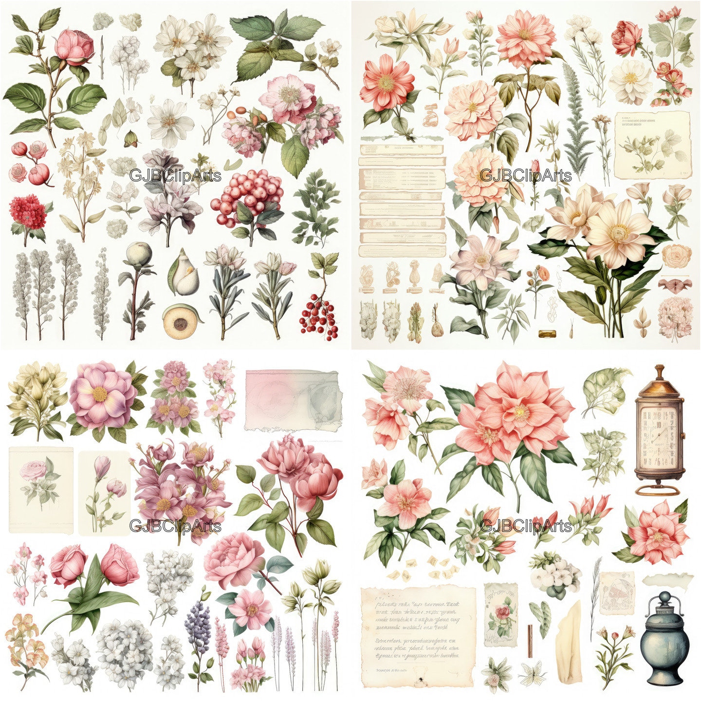 Vintage Printable Floral Junk Journal Kit Clipart, Flower Clipart ...