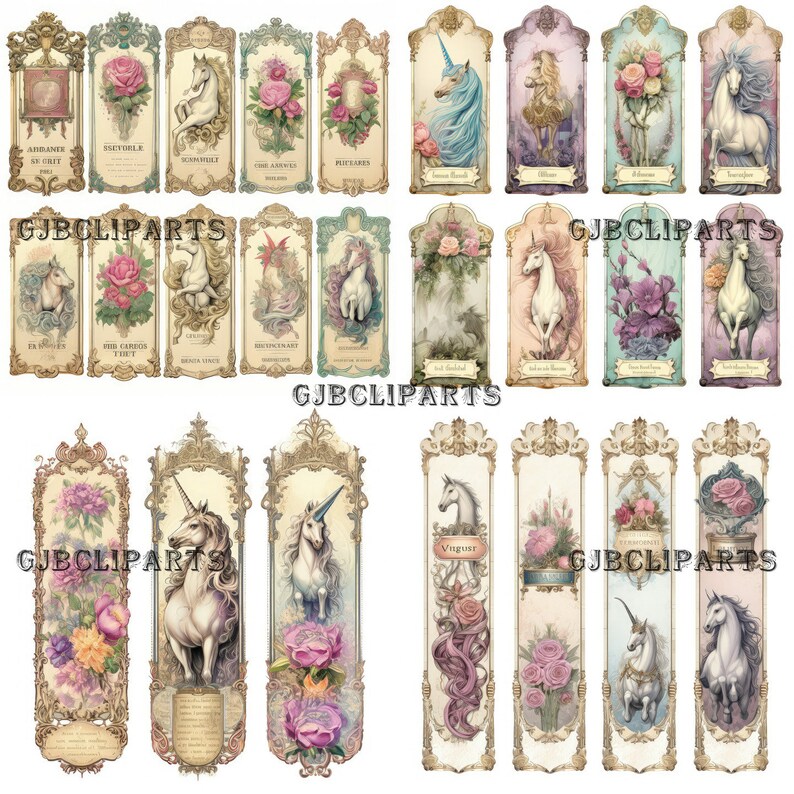 Unicorns Tall Ornate Labels Clipart, Junk Journal Book Vintage Clipart ...